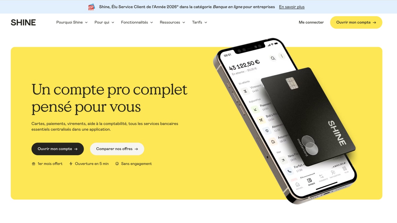 Shine : offre de la banque pro, tarifs, avis...